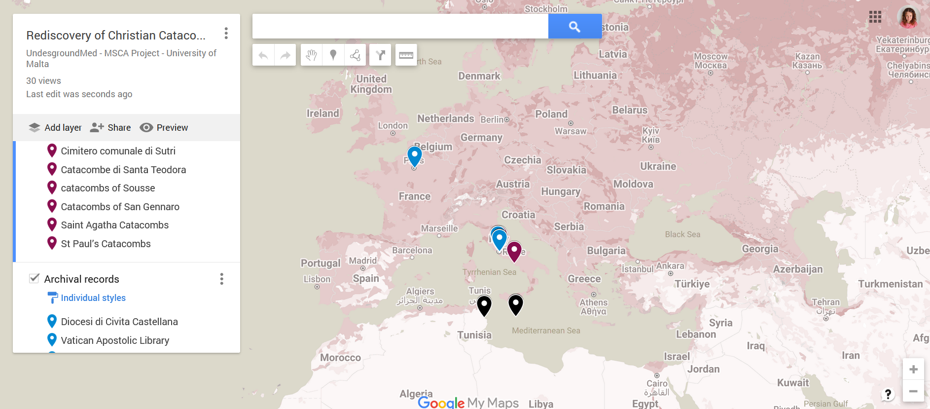 Work in progress: map of the project UndergroundMed – Catacombs rediscovery